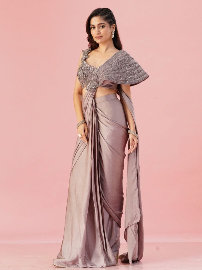 Dusty Mauve silk saree with drape – Kenzo