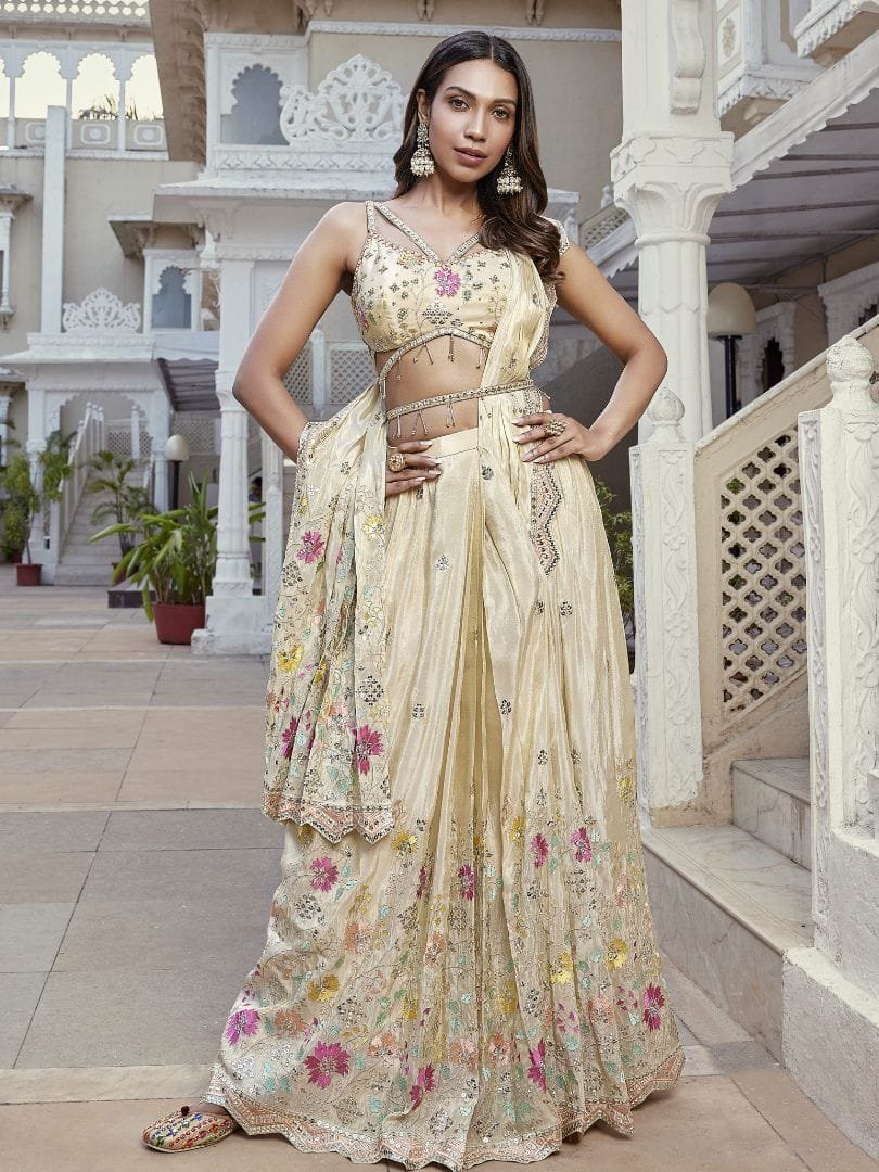 Cream floral embroidered pre drape – Kenzo